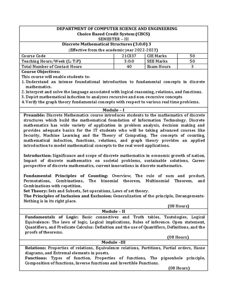 3 Sem DMS Syllabus | PDF | Mathematics | Discrete Mathematics 3 Sem DMS Syllabus | PDF | Mathematics | Discrete Mathematics