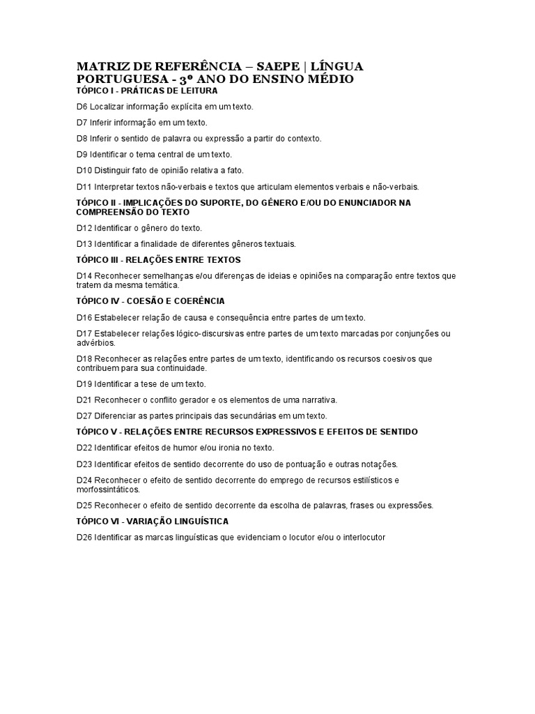 Matriz de Referência - Saepe - Língua Portuguesa | PDF Matriz de Referência - Saepe - Língua Portuguesa | PDF