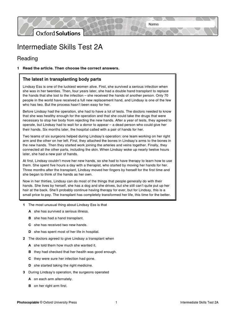 Oxford Solutions Intermediate Skills Test 2 A | PDF | Organ Transplantation