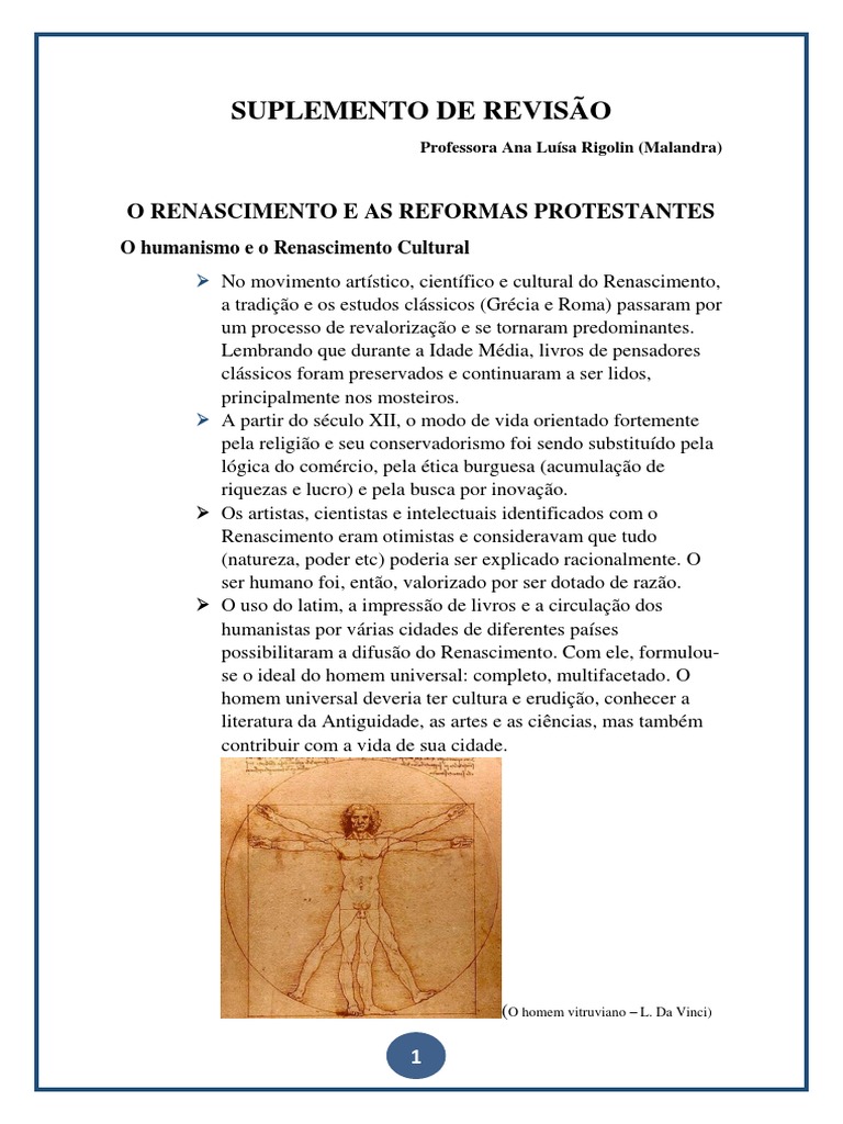 Suplemento de Revisão Renascimento e Reformas Protestantes | PDF ...