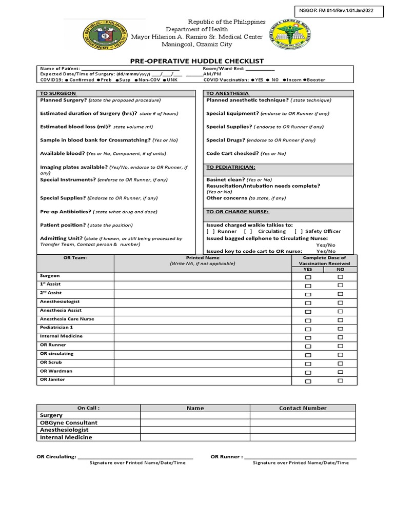 Edited PREOP HUDDLE CHECKLIST | PDF | Surgery | Anesthesia