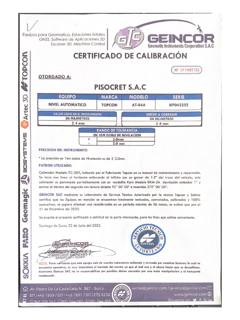 Certificado de Calibración - Nivel Optico | PDF