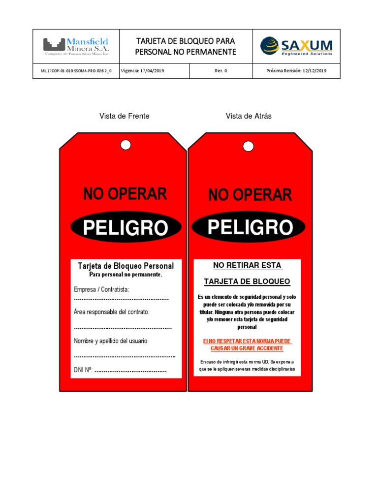 ML.17COP-01-010-SSOMA-PRO-026-2 - 0 - Tarjeta de Bloqueo para Personal No Permanente PDF | PDF