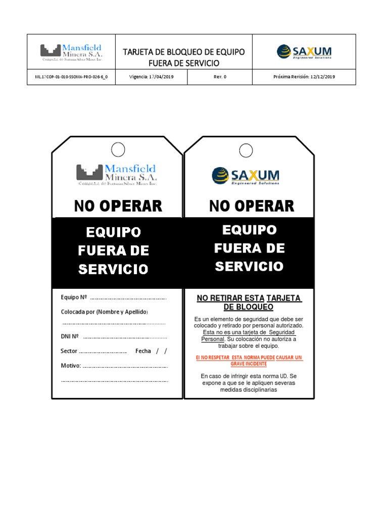 ML.17COP-01-010-SSOMA-PRO-026-6 - 0 - Tarjeta de Bloqueo de Equipo de ...