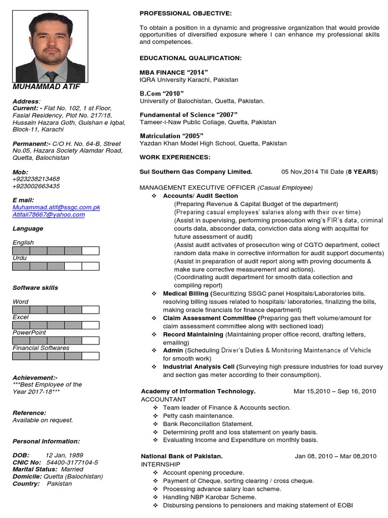 M Atif CV For SSGC Assistant Manager-1 | Download Free PDF | Cheque ...