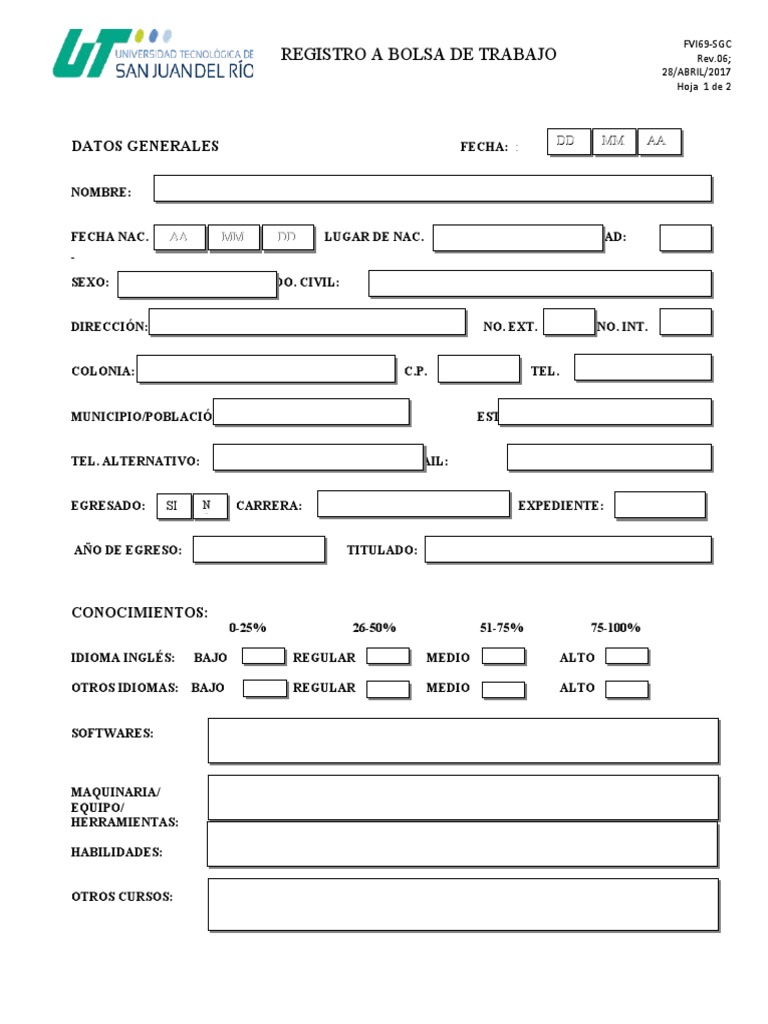 Formato Registro A Bolsa de Trabajo | PDF