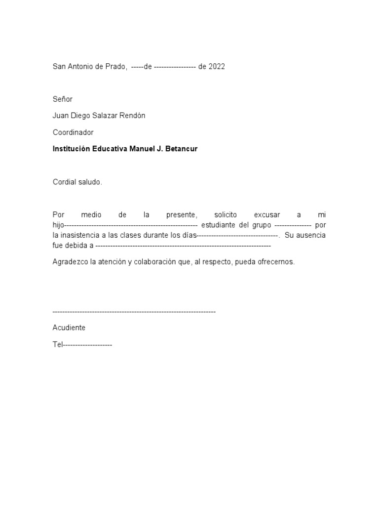 Formato de excusa para el colegio | PDF