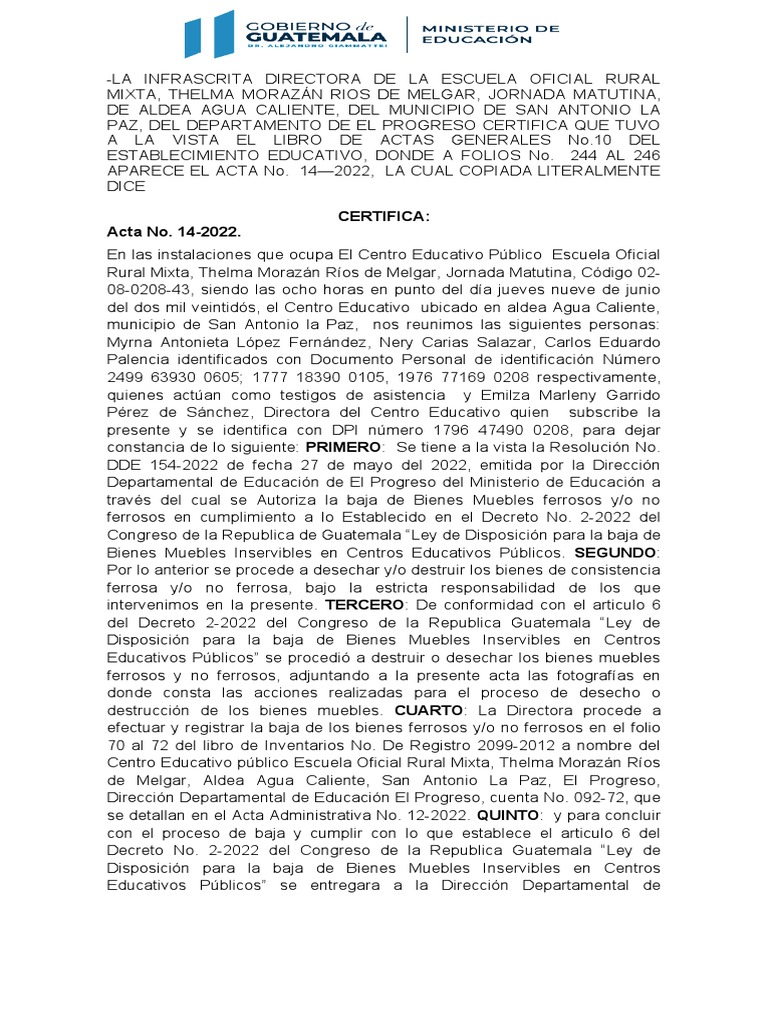 Acta de baja de bienes muebles inservibles en la Escuela Oficial Rural ...