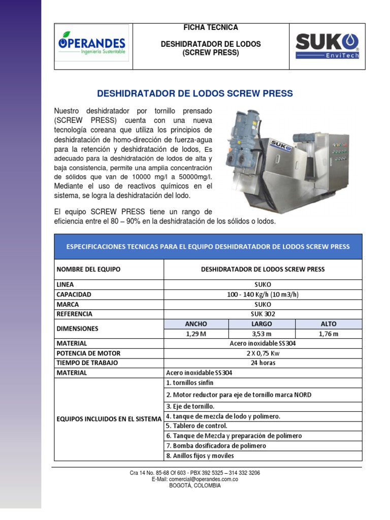 Ficha Tecnica Deshidratador De Lodos 302 Pdf Tornillo Bienes