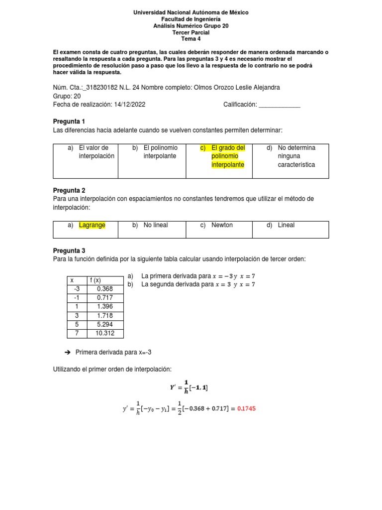 Análisis de un examen de Análisis Numérico | PDF | Derivado | Análisis numérico