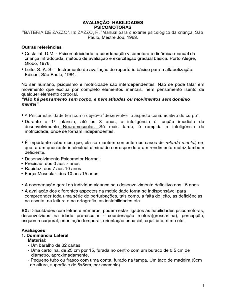Avaliação das Habilidades Psicomotoras Através da Bateria de Testes de ...