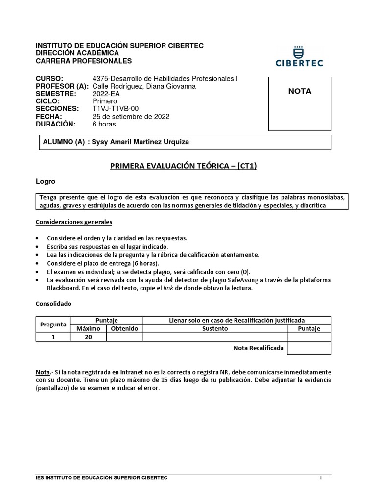 Ea-4375 - Desarrollo de Habilidades Profesionales I (M) - T1VJ-T1VB - 00 - CT1 - Martinez ...