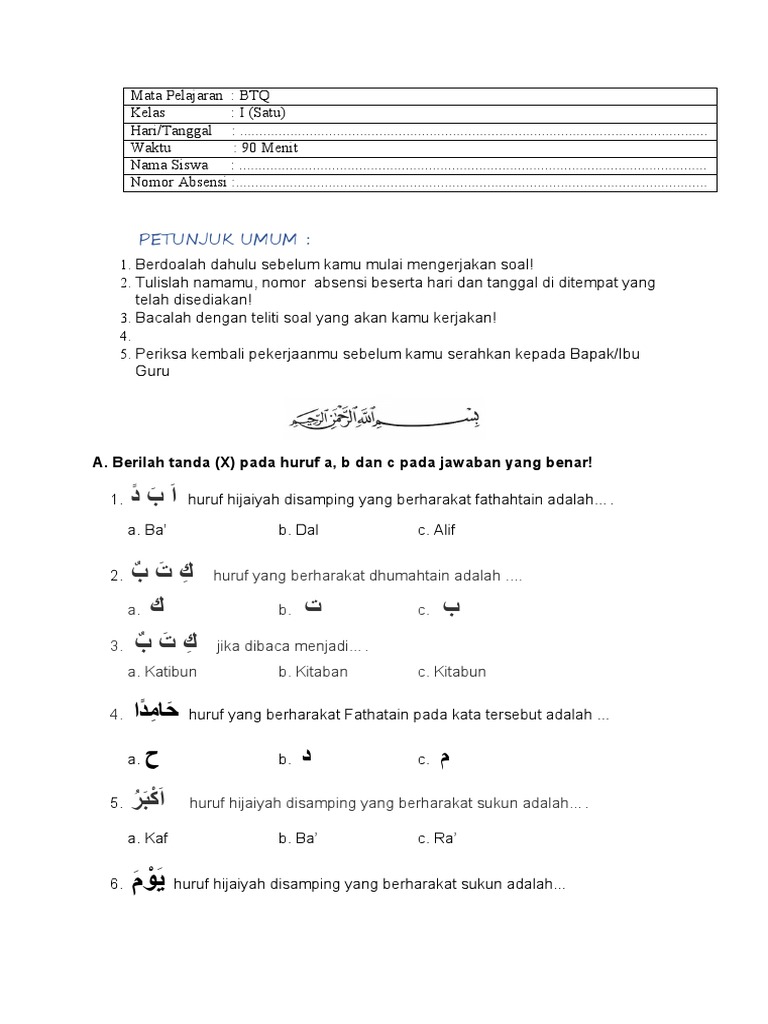Soal BTQ Kelas 1: Huruf Hijaiyah | PDF