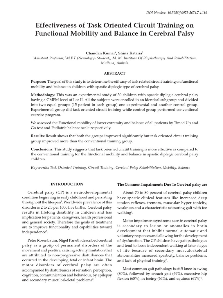 Effectiveness of Task Oriented Circuit Training On Functional Mobility and Balance in Cerebral ...