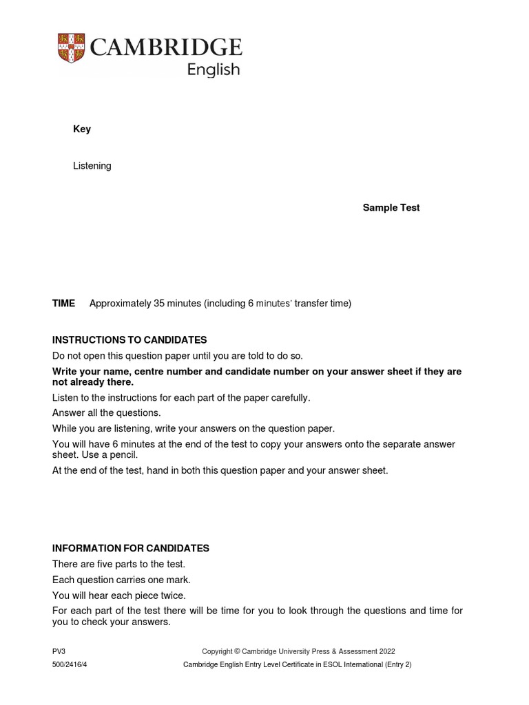 A2 Key 2022 Sample Tests Listening Question Paper Pdf