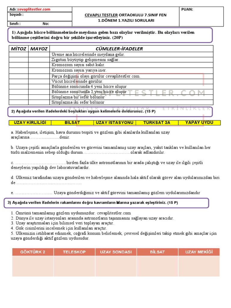 7.sinif Fen 1.dönem 1.yazili Sorulari-2 | PDF
