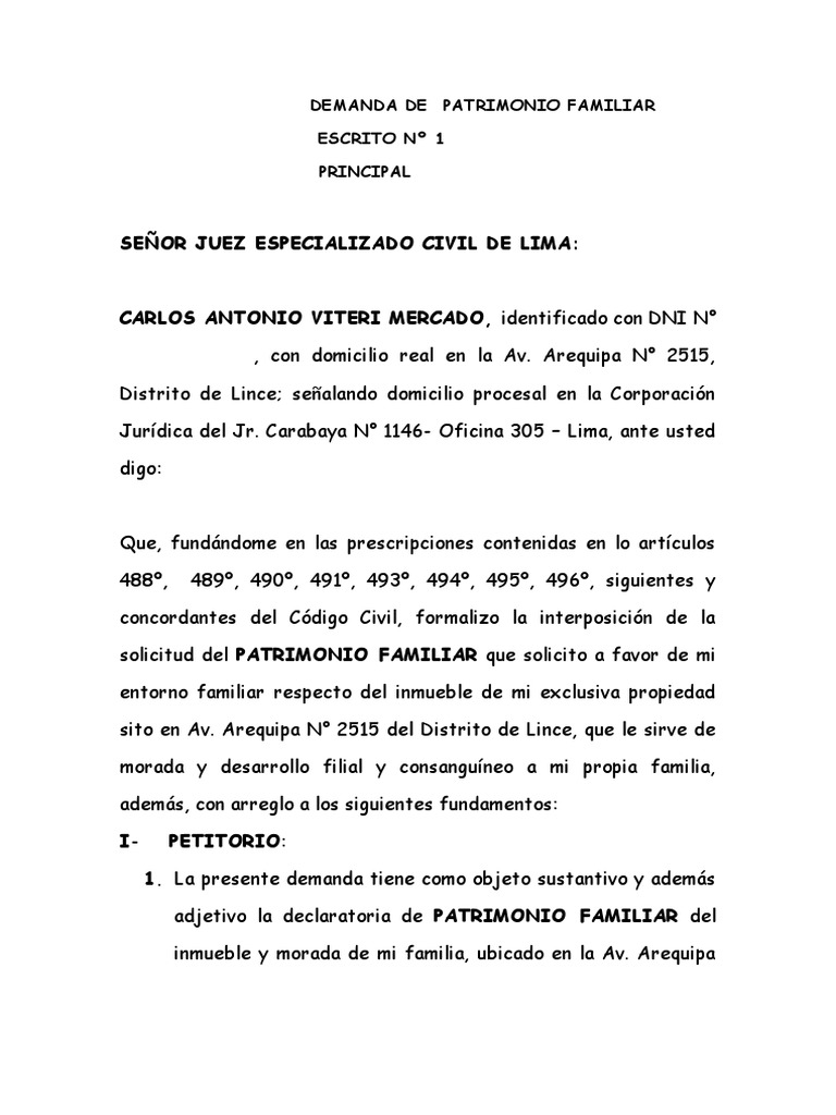 Demanda de Patrimonio Familiar | PDF | Demanda judicial | Justicia