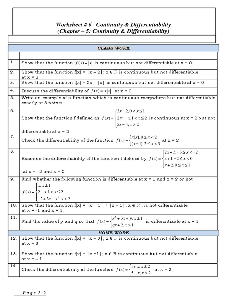 Worksheet 6 Continuity Differentiability | PDF | Function (Mathematics) | Mathematics