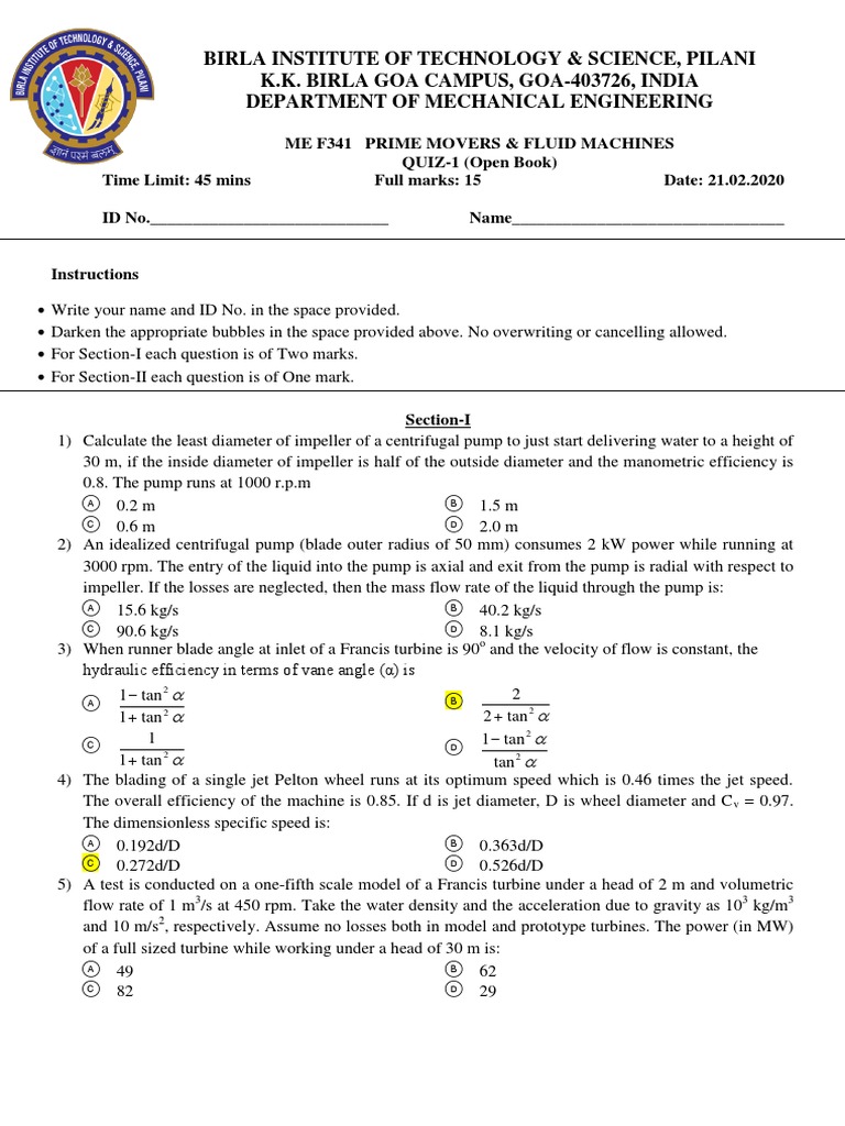 Quiz-1 Question Paper PDF | PDF | Pump | Classical Mechanics