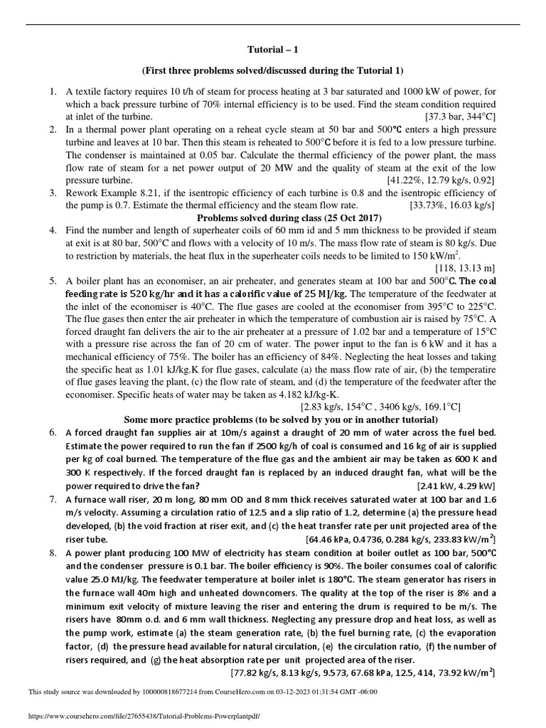 Tutorial Problems Powerplant PDF | PDF | Boiler | Steam