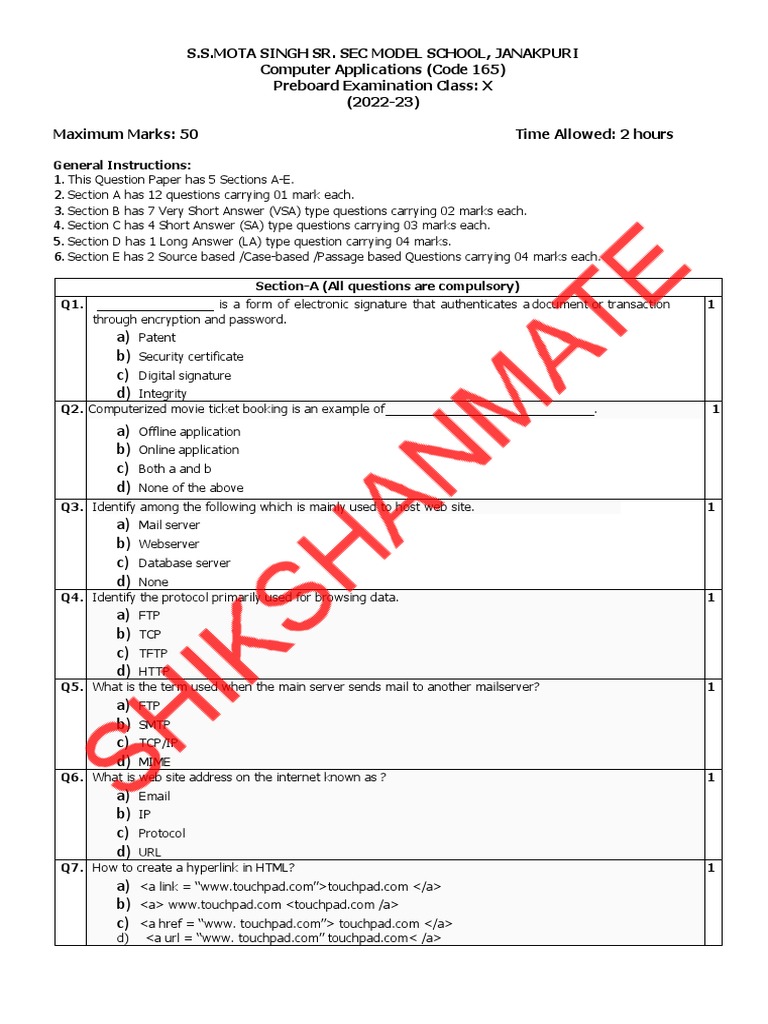 Preboard - Computer Application (165) Class 10 - Watermark | PDF | File Transfer Protocol ...