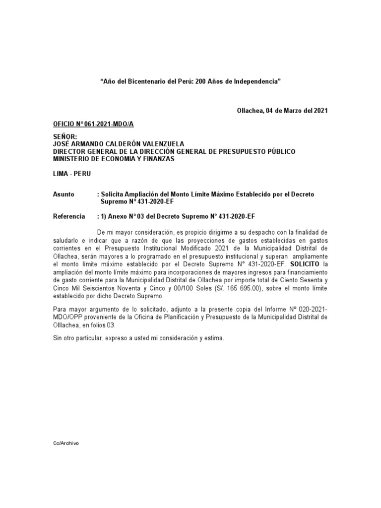 Oficio de Remision Al MEF-DGPP. | PDF