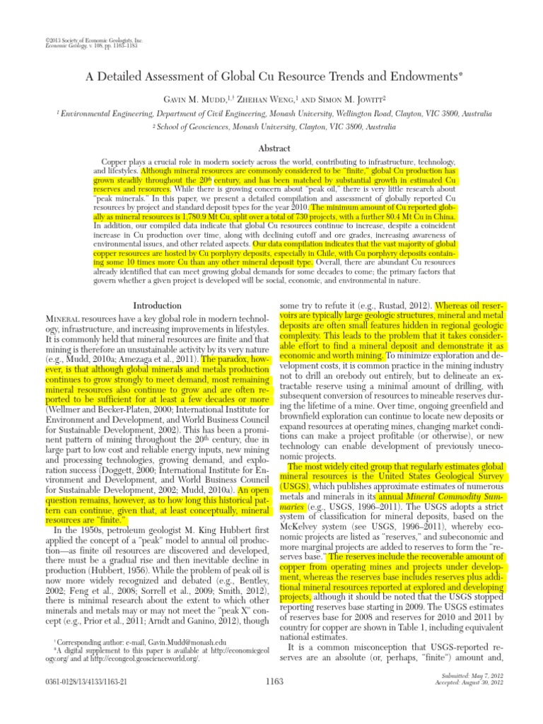 Mudd Et Al., 2013, A Detailed Assessment of Global Cu Resource Trends ...