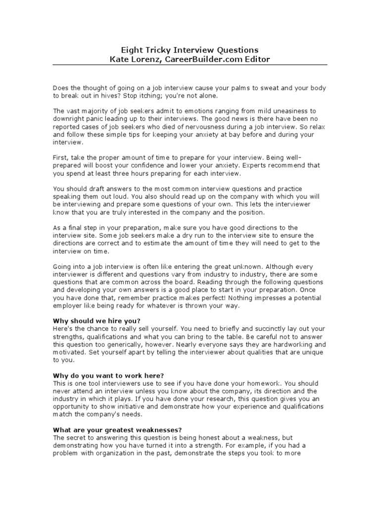 Eight Tricky Interview Questions | PDF | Job Interview | Experience