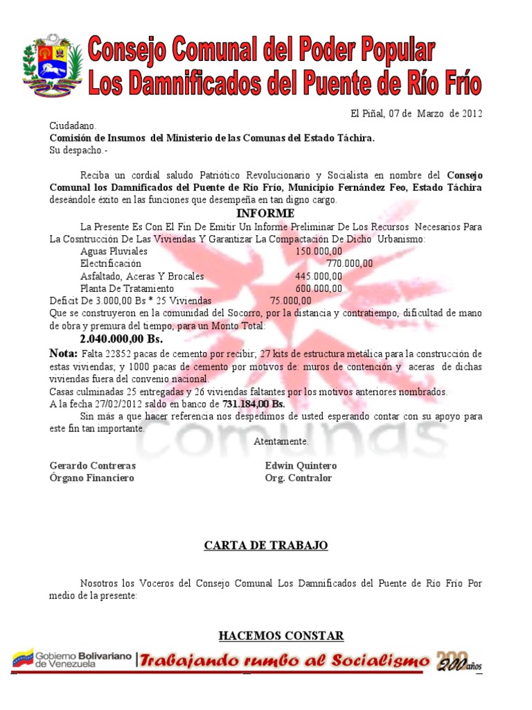 Cartas Consejo Comunal Legal | PDF | Venezuela | Maestros