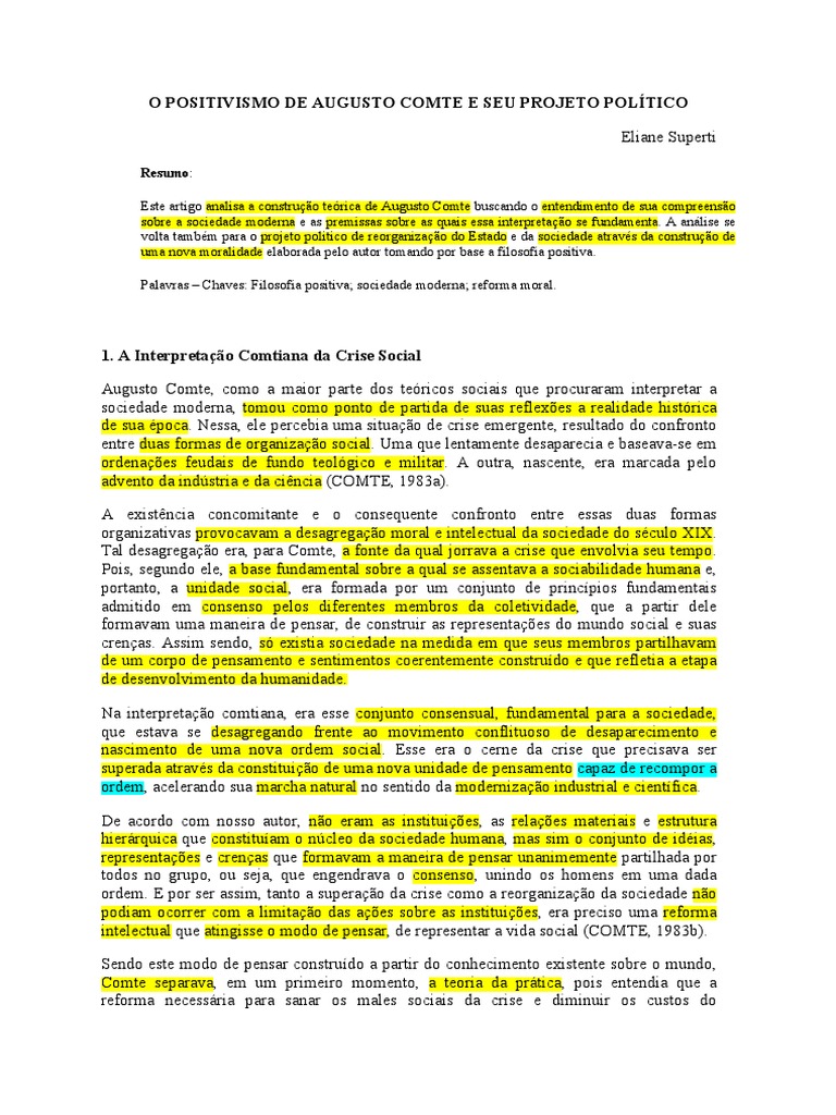 O Positivismo de Augusto Comte e Seu Projeto Político | PDF ...