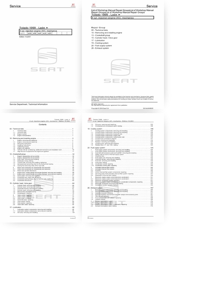 Seat Toledo (1M1, 1M2) Manual - 4 Cyl. Injection Engine (4V), Mechanics AHW, APE, AXP, AUS, AZD ...