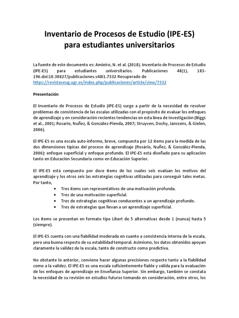 Inventario de Procesos de Estudio (IPE-ES) PDF | PDF | Aprendizaje ...