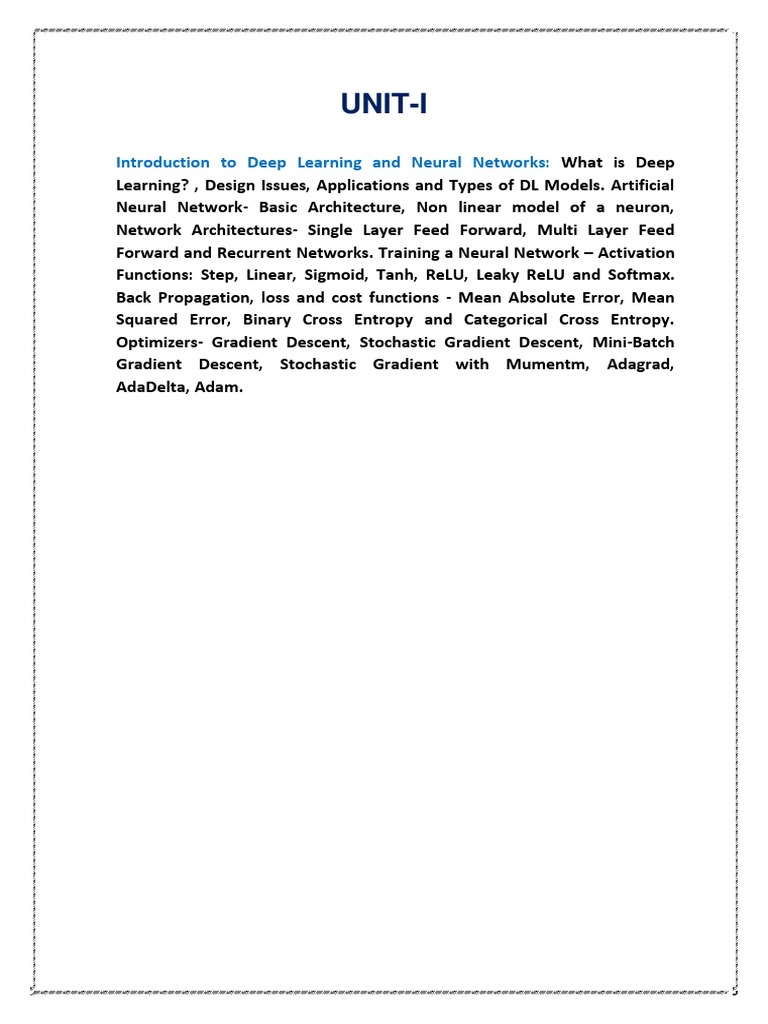 UNIT-1 Foundations of Deep Learning | PDF | Artificial Neural Network ...