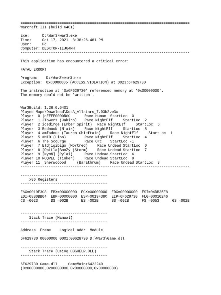 Critical Error in Warcraft III: Fatal Access Violation Caused by Memory Write to Null Pointer ...
