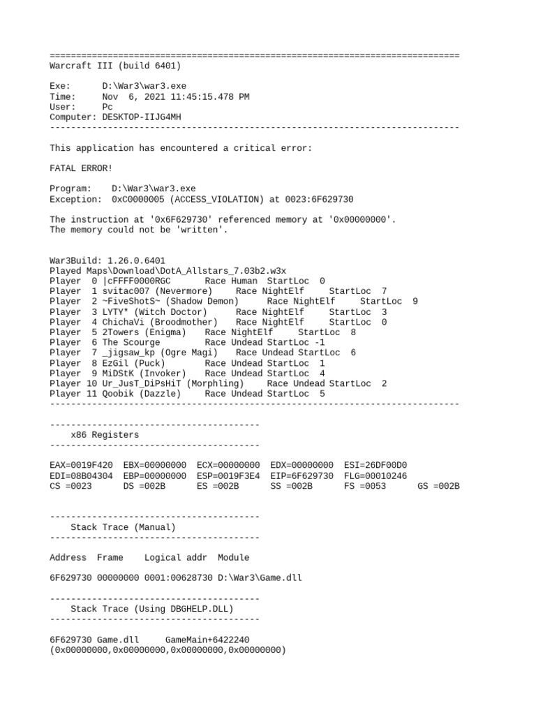 Warcraft III Fatal Error Report | PDF | Software Development | Computer ...