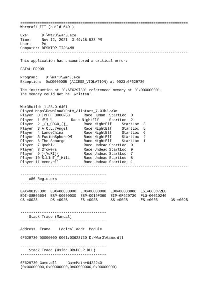 Warcraft III Crash Report | PDF | Computing Platforms | Software ...