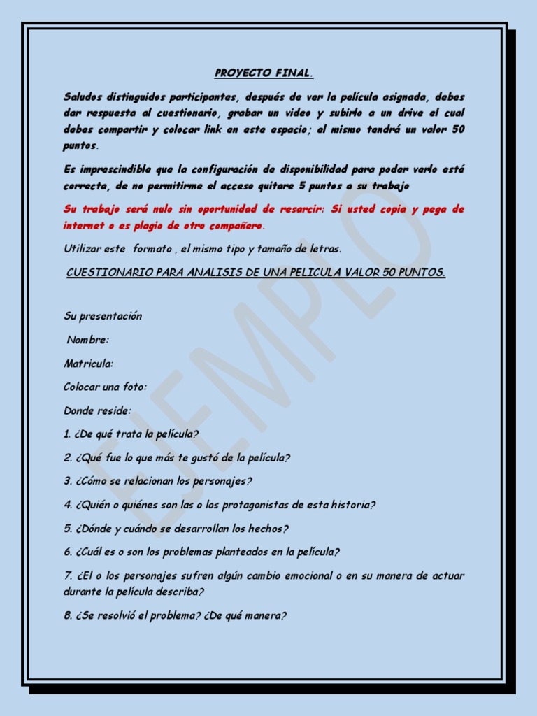 CUESTIONARIO PARA ANALISIS DE UNA PELICULA (2) | PDF