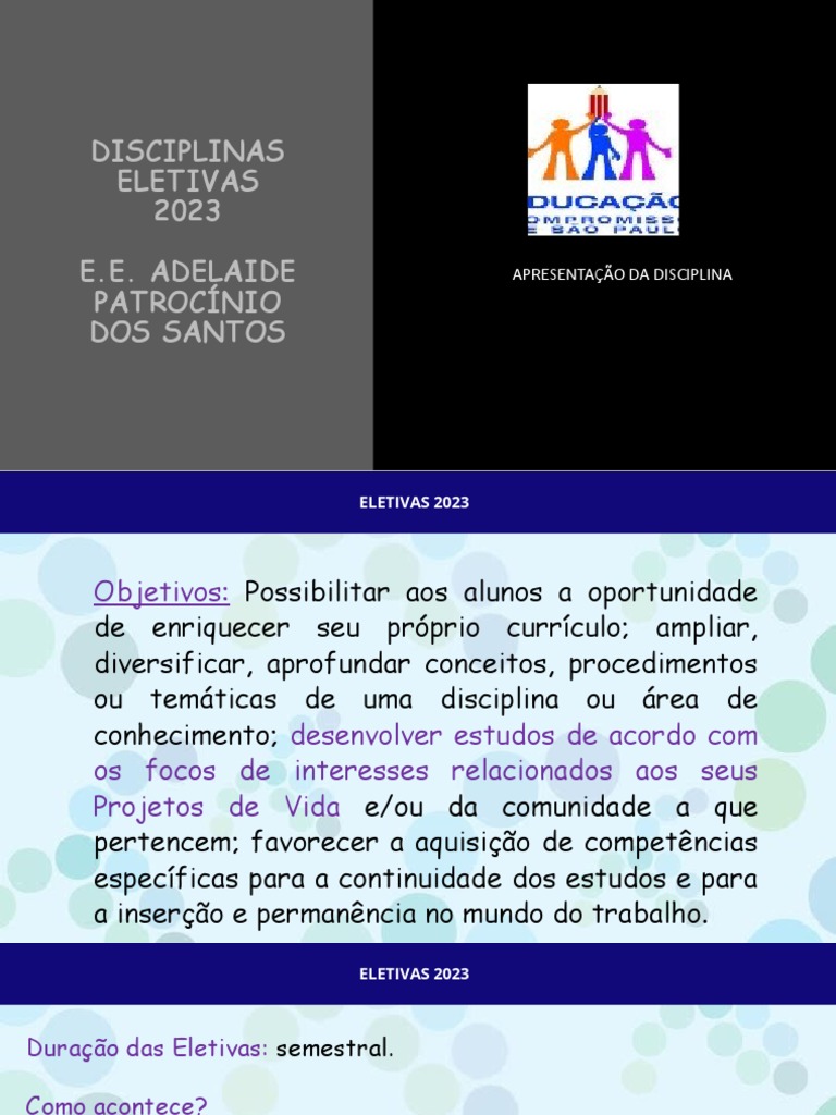 Disciplinas Eletivas: Uma oportunidade de enriquecer o currículo e explorar interesses | PDF ...