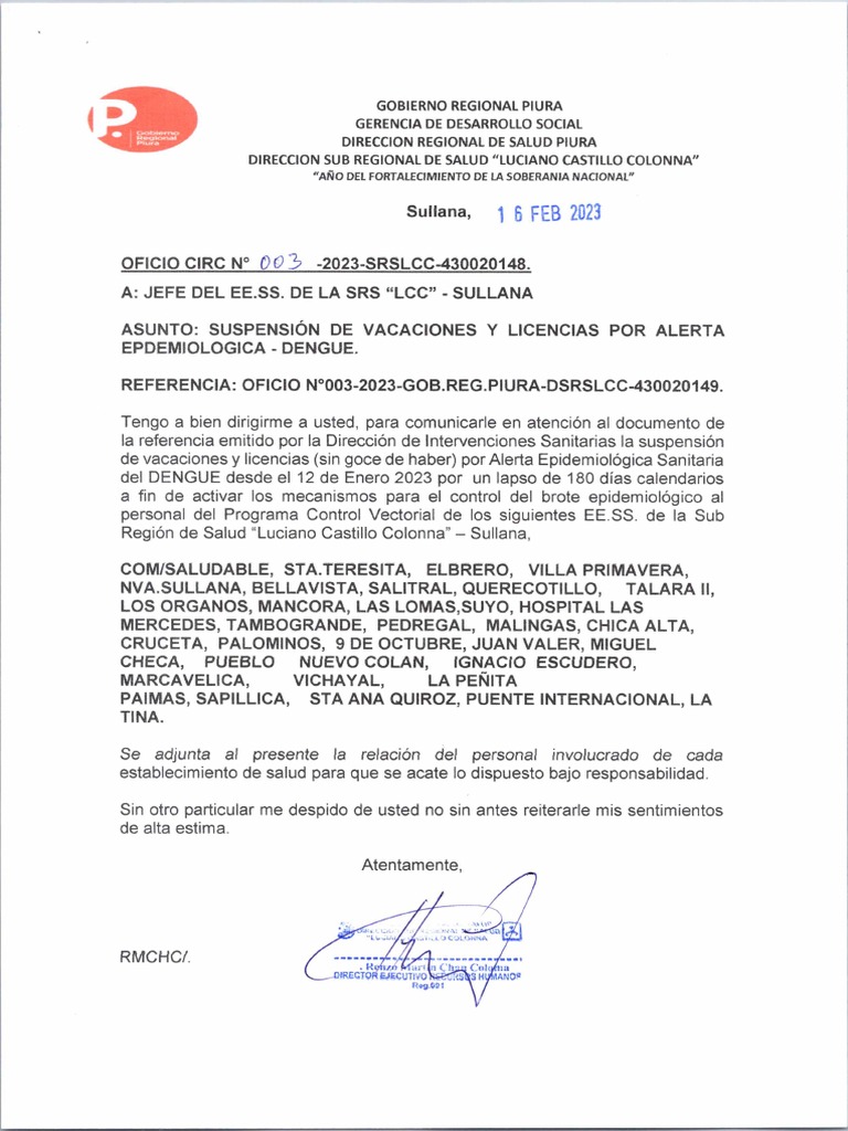 Oficio Circular N°003-2023 - Suspension de Vacaciones y Licencias | PDF