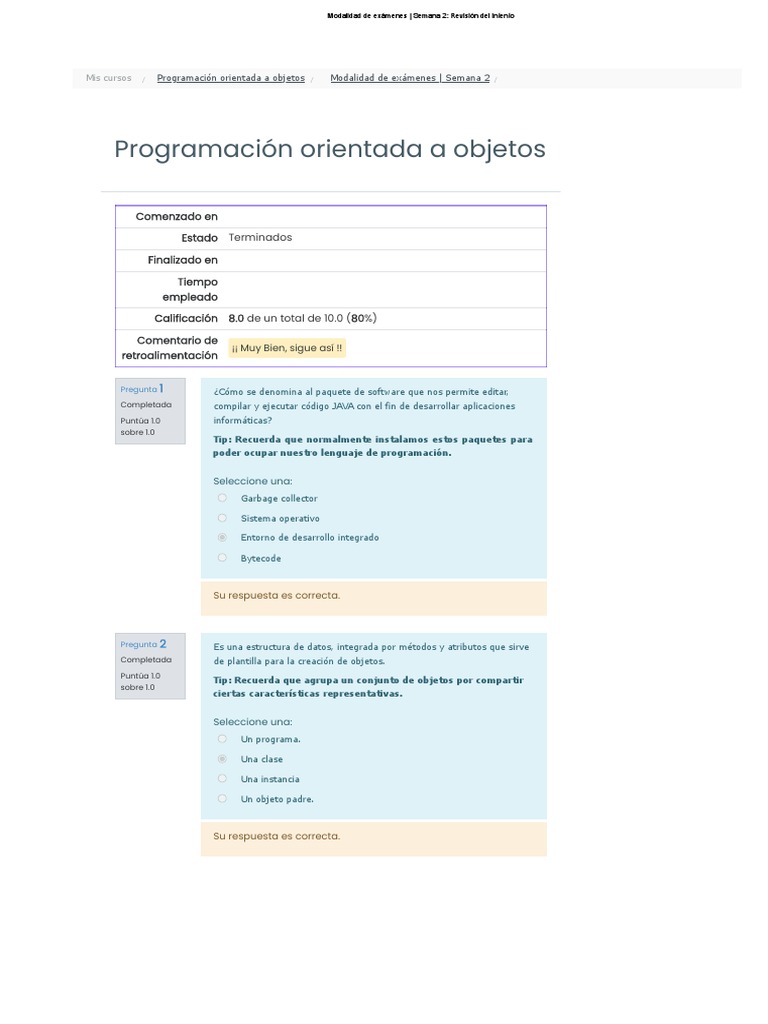 Programación Orientada A Objetos-Modalidad de Exámenes - Semana 2 - Revisión Del Intento | PDF ...