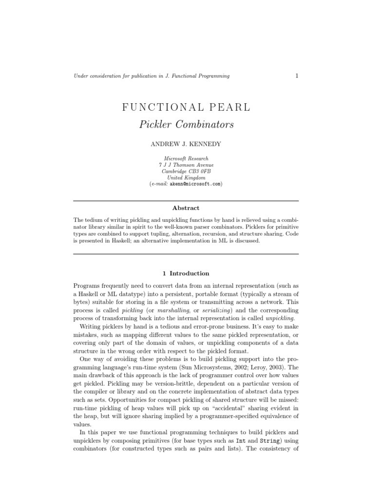 Functionalpearl Pickler Combinators: Under Consideration For ...