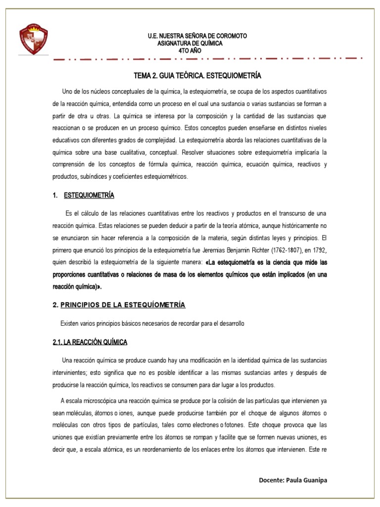 Tema 2 Estequiometria Pdf Estequiometría Mole Unidad