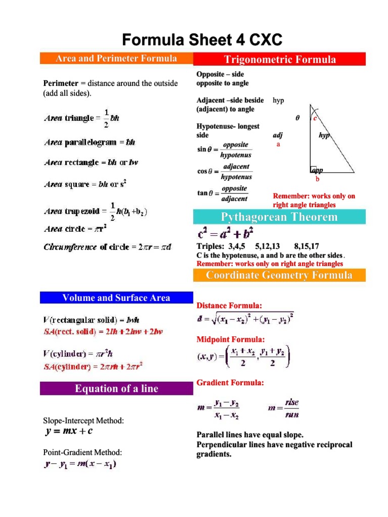 Qdoc Tips Maths Formula Sheet For Csec Pdf Triangle