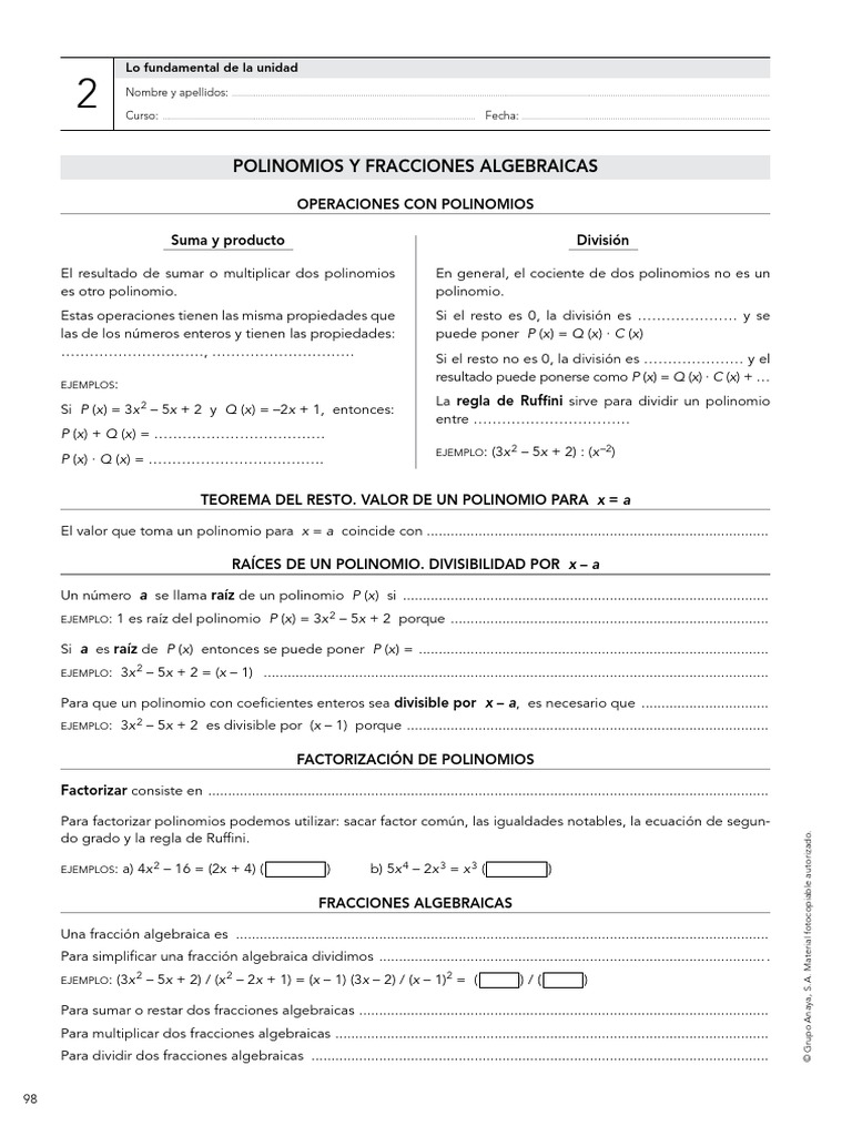 02 - Pol - Frac - Alg Repaso 4 Eso Anaya | PDF | Factorización | División (Matemáticas)