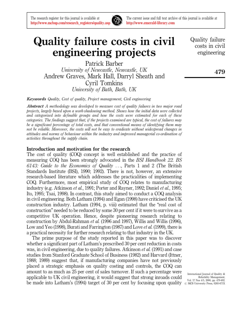 Quality Failure Costs in Civil Engineering Projects | PDF | Liquidated ...