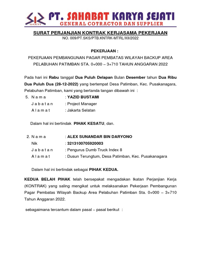 Kontrak Kerjasama Pembangunan Pagar | PDF
