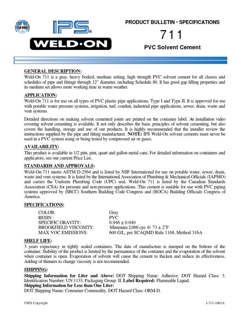 Ficha Tecnica Pegamento 711 | PDF | Plumbing | Dangerous Goods