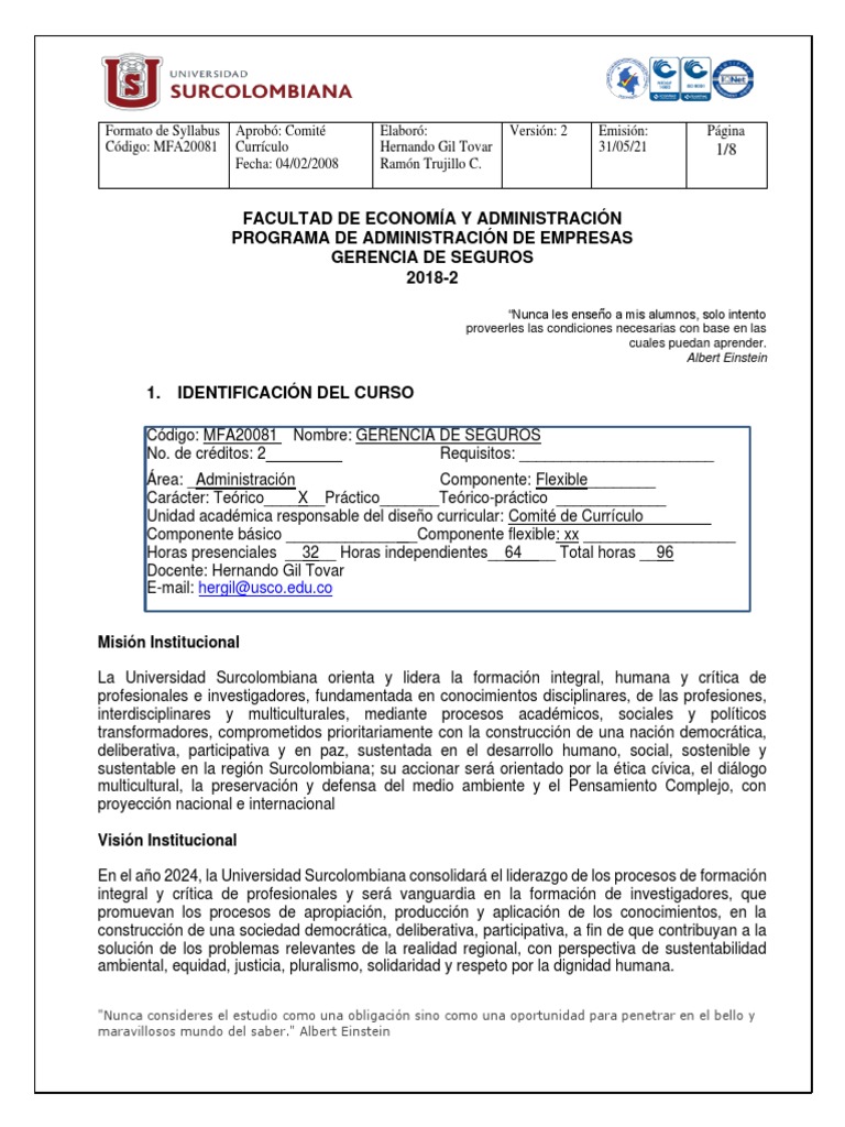 MODULO No.3 SYLLABUS GERENCIA DE SEGUROS - 2021-1 | PDF | Seguro