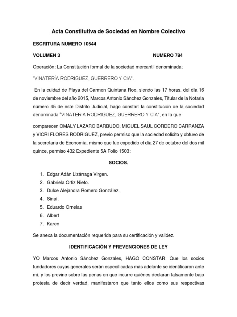 Ejemplo Acta Sociedad en Nombre Colectivo | PDF | Sociedad de responsabilidad limitada | Justicia