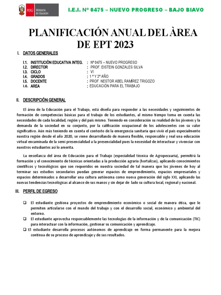 PLANIFICACIÓN ANUAL EPT - CICLO VII 1º y 2º | PDF | Evaluación | Enseñando